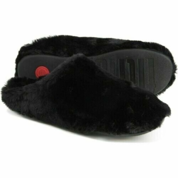 Fitflop | Shoes | New Fitflop Womens Furry Faux Fur All Black Mule Slip ...